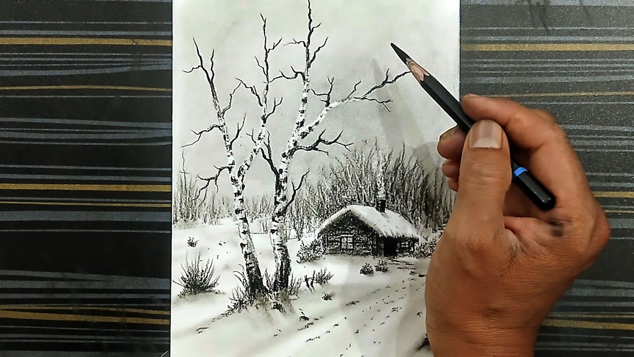 How to draw birch trees snowy landscape scenery for beginners with easy ways.