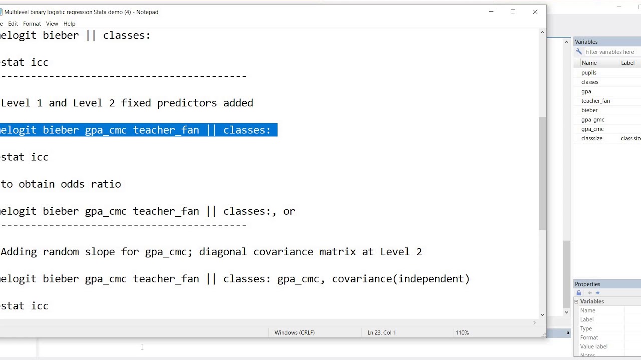Multilevel binary logistic regression using Stata syntax (supplemental demo; March 2020)