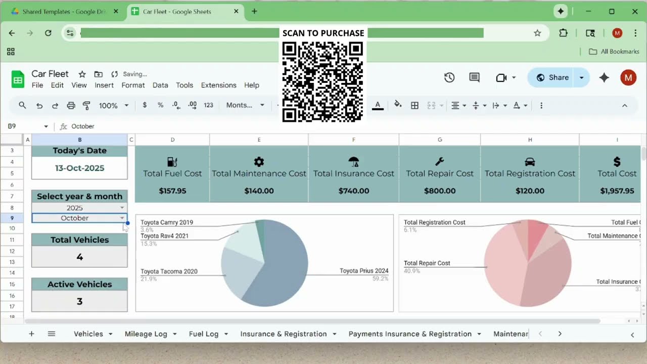 Car Fleet Management Spreadsheet Template Google Sheets, Vehicle Management Mileage and Cost Logs