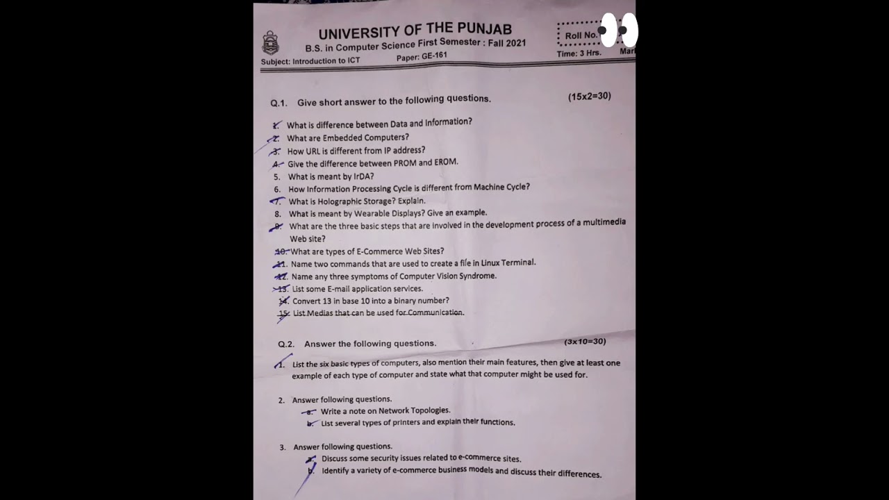 GE-161 Introduction to ICT (BSCS PU Affiliated college Past Paper)