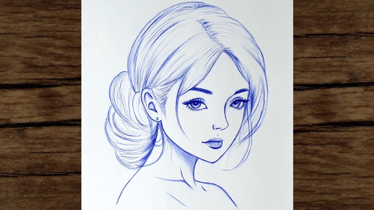 beautiful girl drawing with blue pen | how to draw girl with ball pen