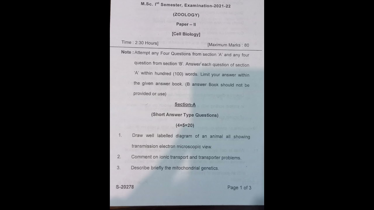 M.Sc. zoology, 1st  semester  previous  year question paper  (cell biology ) sri dev suman.