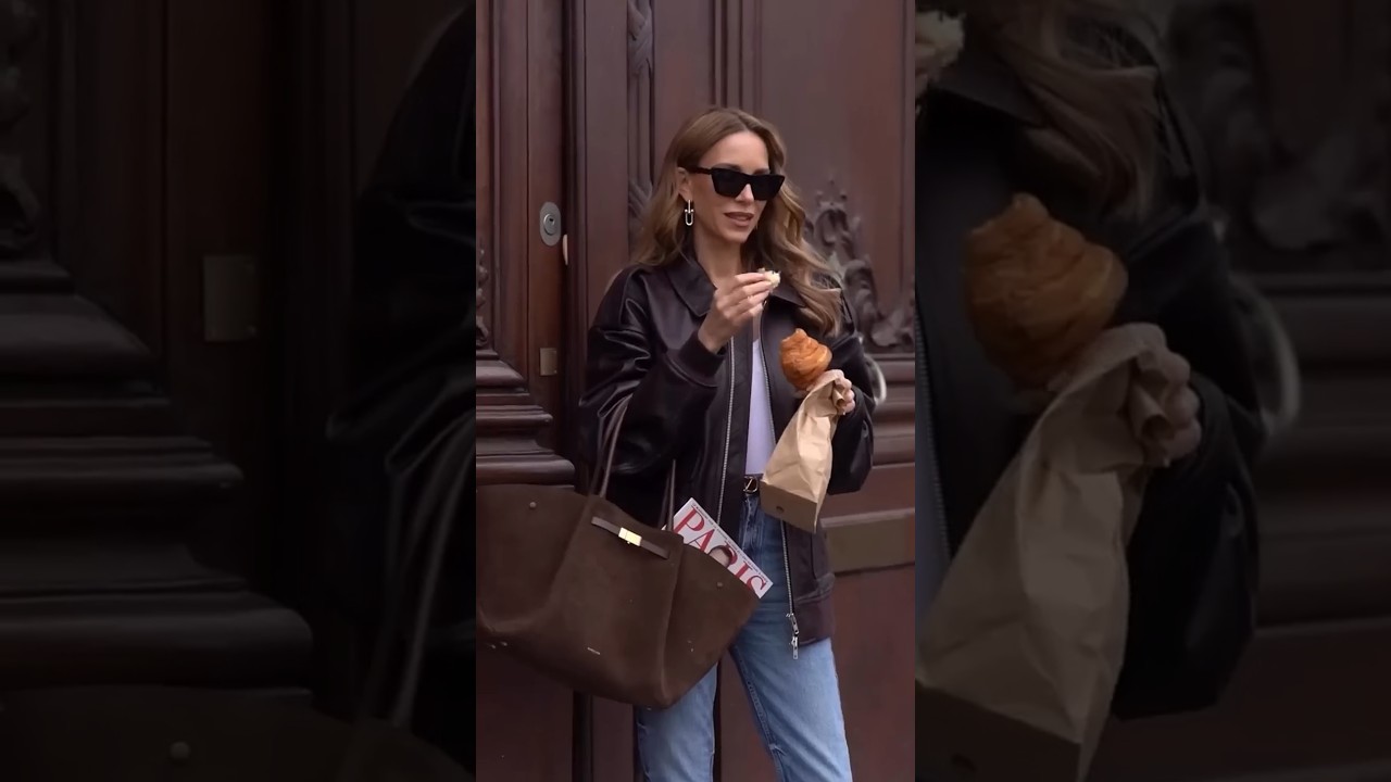 Croissant, Straight Jeans and a Brown Leather Jacket: The Perfect Parisian Morning Outfit #ootd