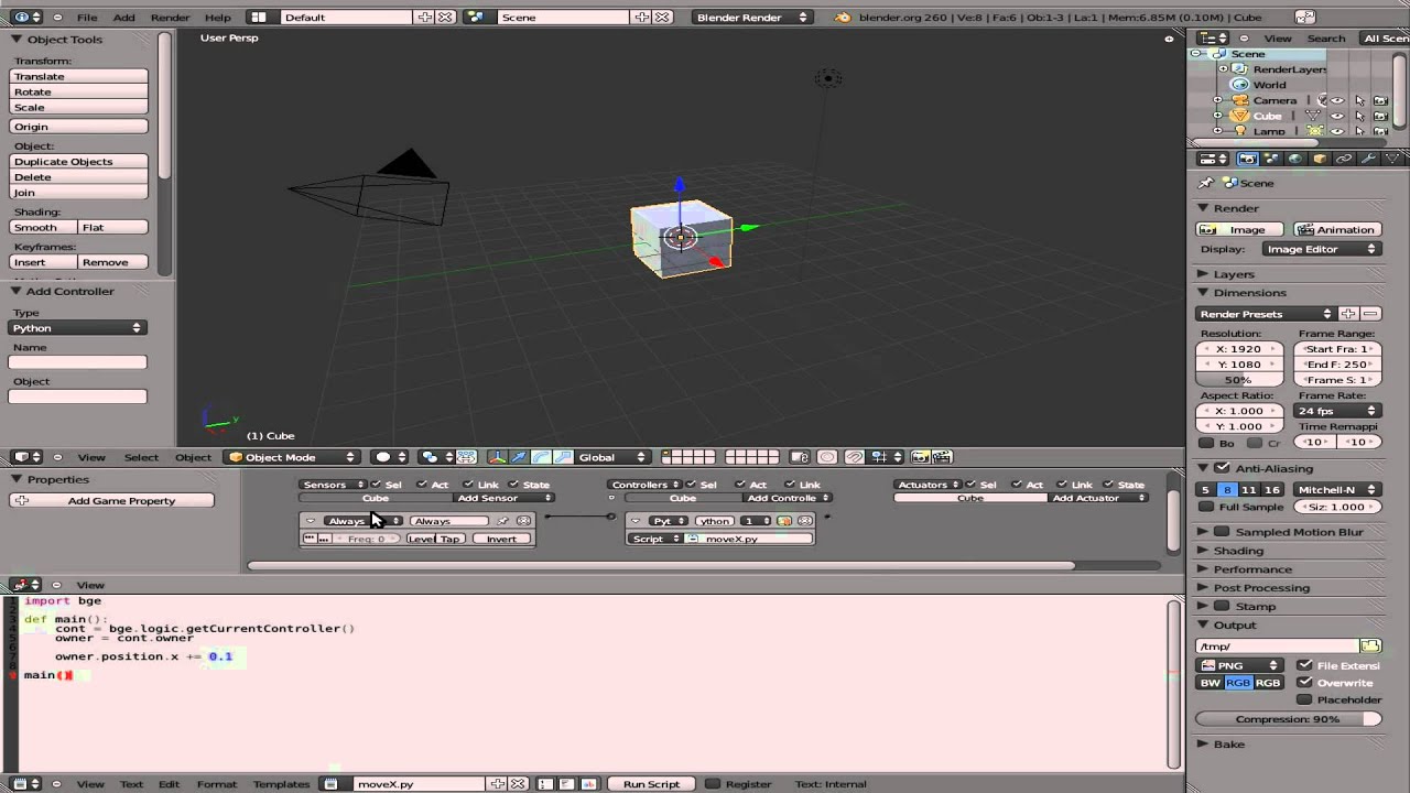 BGE1 - Python in Blender Game Engine - Move Object - Linux