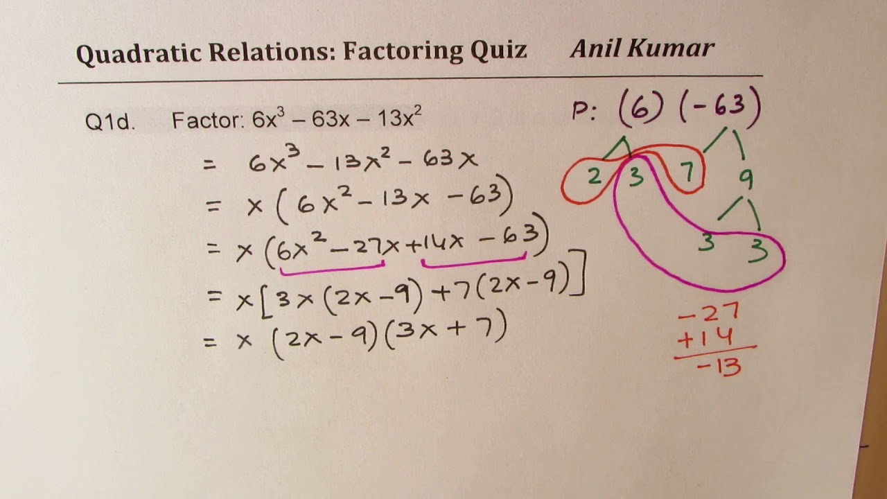 Factor Quadratic Relations Quiz MPM2D Practice with 4 Examples