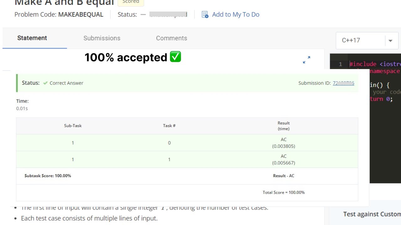 CodeChef Starters 53 | Make A and B equal || 100% correct Solution✅ #codechef #codechefsolution