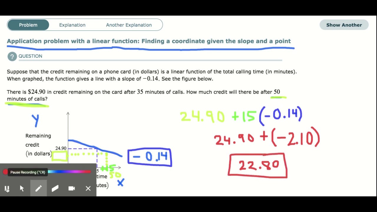 ALEKS - Application problem with a linear function: Finding a coordinate given the slope and a point