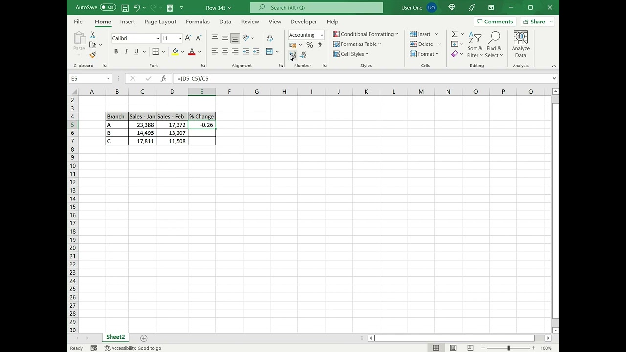 How to calculate percentage decrease in Excel