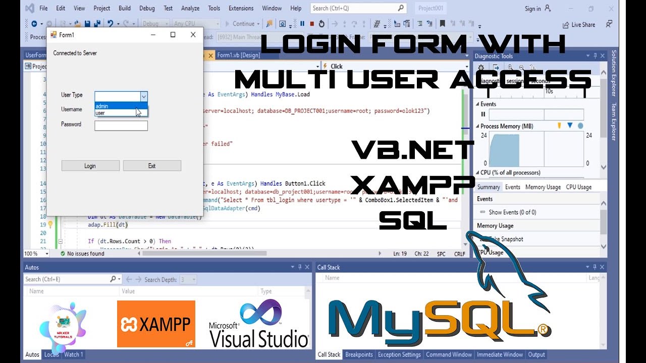 How to create multi user login form in vb.net using Sql server database xampp [Comment for src code]