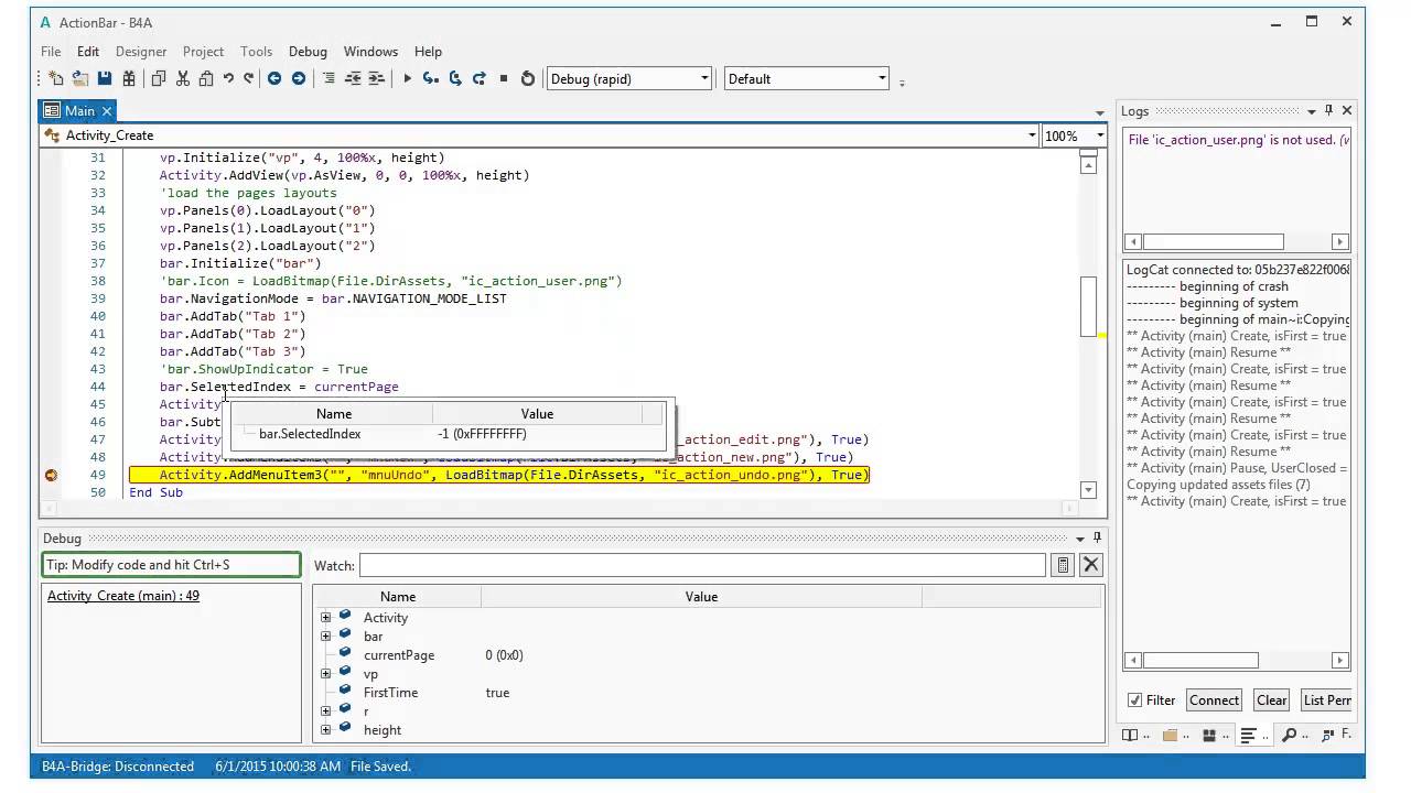 B4A V5.0 Rapid debugger example