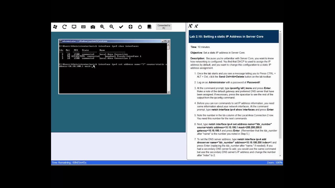 70-640 Lab2.10: Setting a static IP Address in Server Core