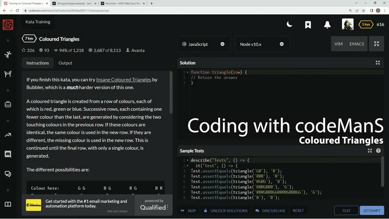 Codewars 7 kyu Coloured Triangles JavaScript