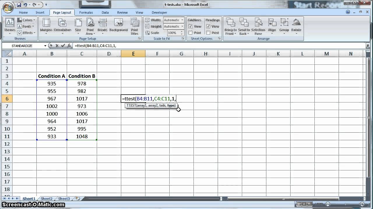 t-test in Microsoft Excel