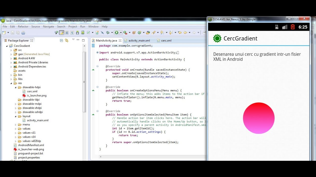 Android Tutorial How to Draw a gradient circle into an XML file (app and source code)
