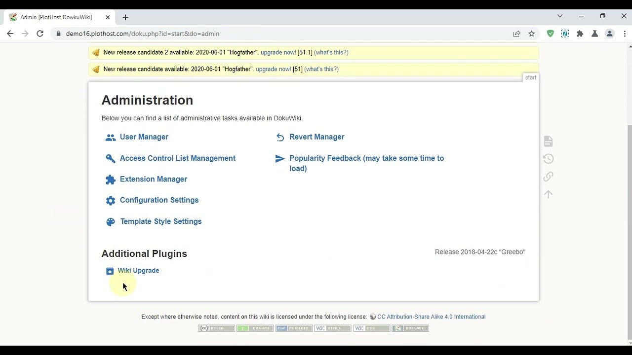 How to update DokuWiki from the control panel