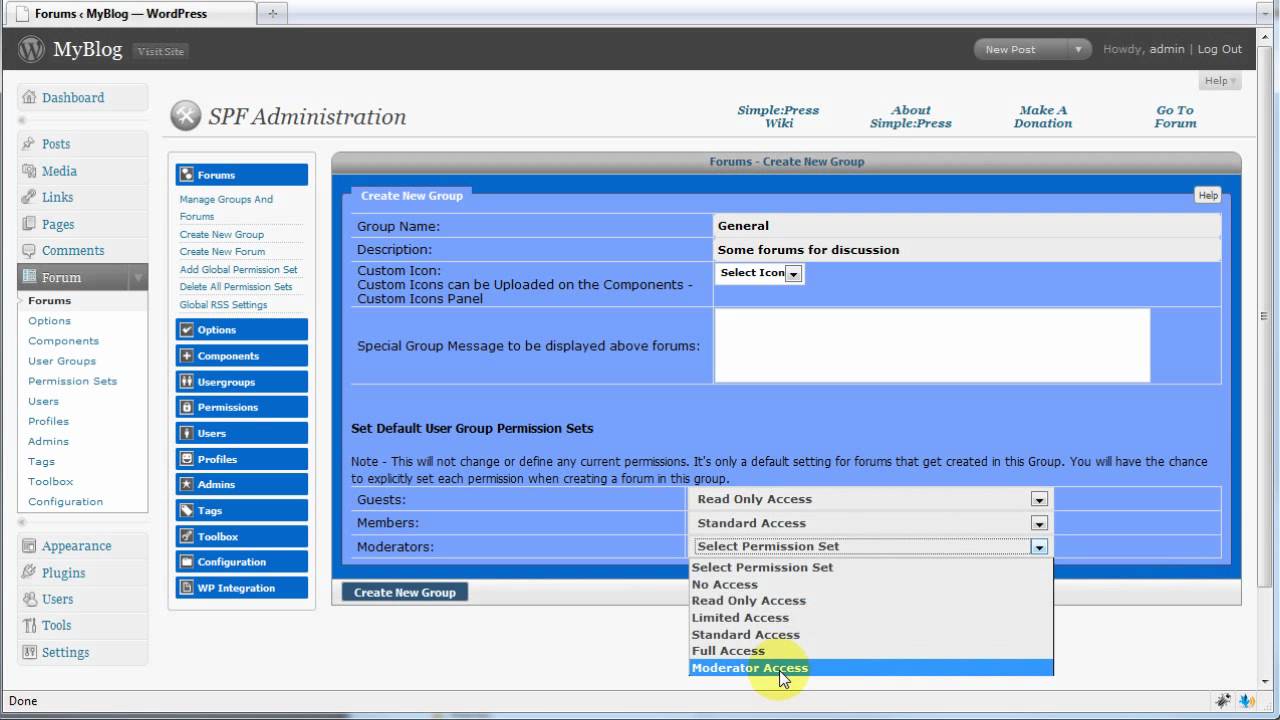 Creating Groups and Forums in Simple:Press Forum