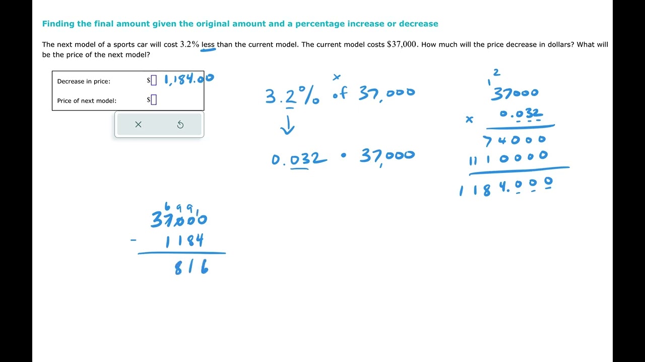 Finding the final amount given original amount and percent increase decrease (ALEKS examples)