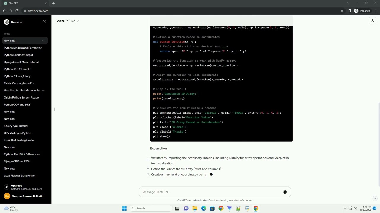 Python numpy create 2d array of values based on coordinates