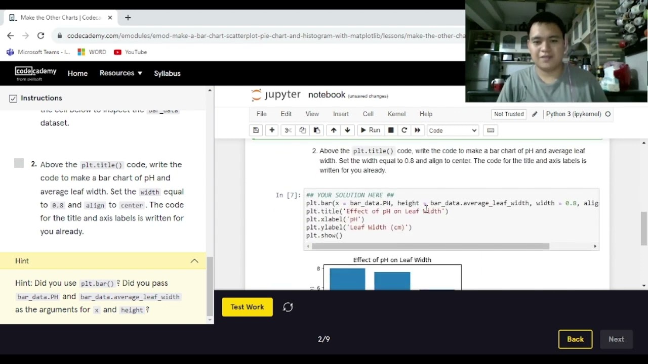 Make a bar chart, scatterplot chart, pie chart plot, and histogram with matplotlib