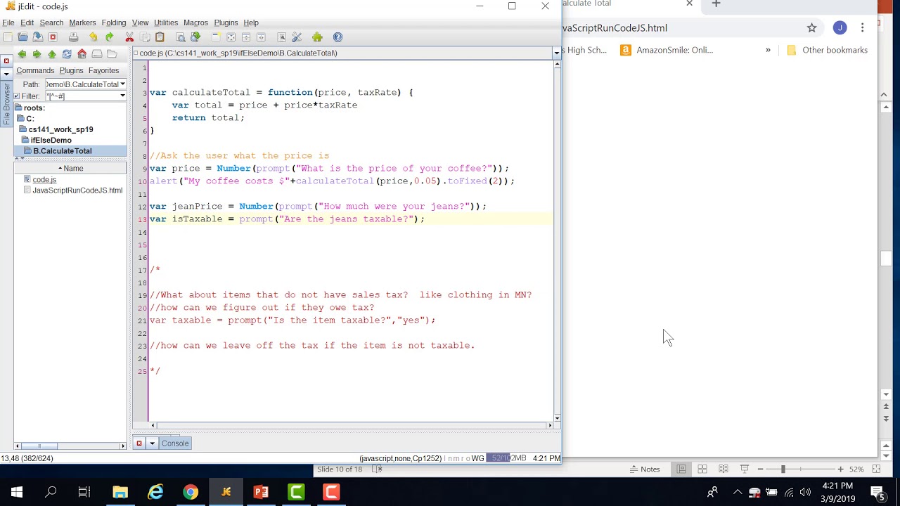 12g. JavaScript Using If Else Condition to demonstrate calculating a total