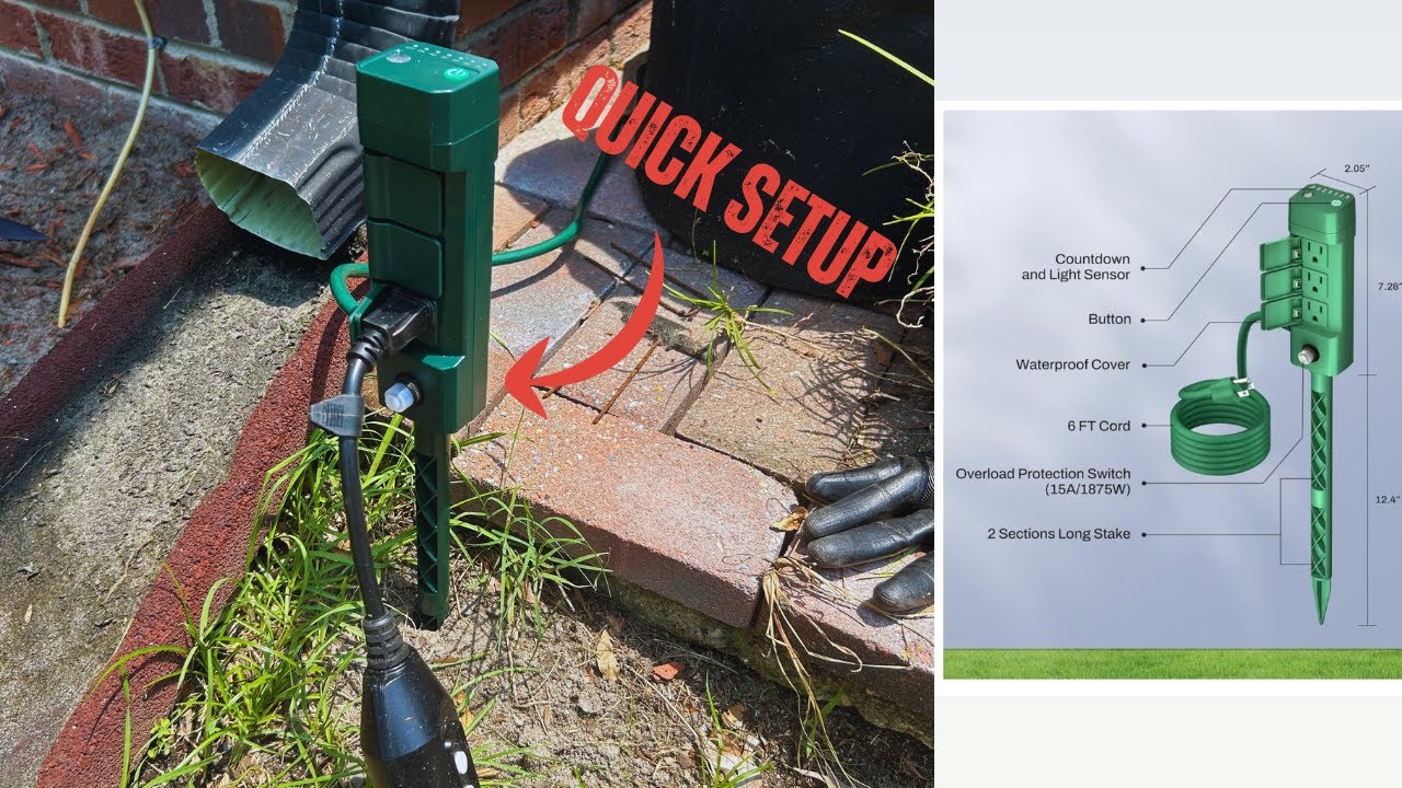 BN-LINK Outdoor Power Strip Yard Stake Timer with 6 Grounded Outlets & Photocell Dusk Till Dawn