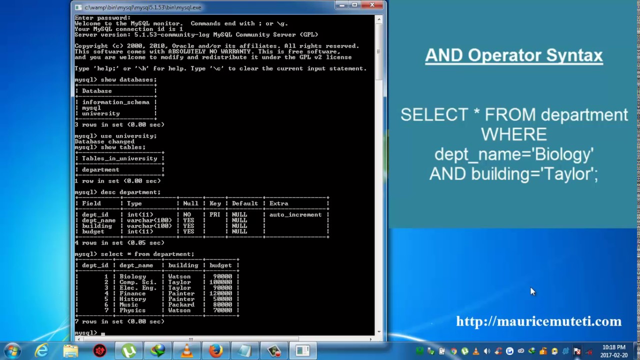 Structured Query Language Tutorial SQL Part 10   AND Operator Command Prompt   Console