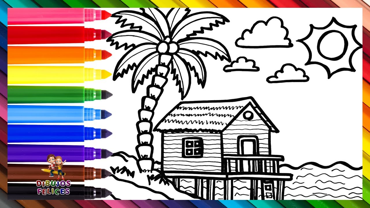 Dibuja y Colorea Un Paisaje De Playa 🌴🏠🌅🌊🌈 Dibujos Para Niños