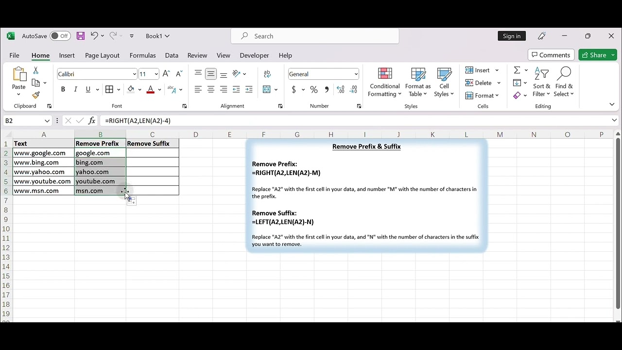 Remove Prefix and Suffix in Given Cells in Excel