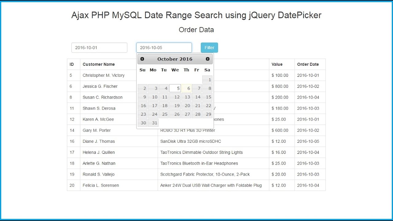 Ajax PHP MySQL Date Range Search using jQuery DatePicker