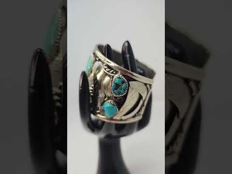 SOLD via E-mail Inquiry!(NOT STERLING!) Navajo Turquoise Feather Cuff Bracelet. 95 grams!