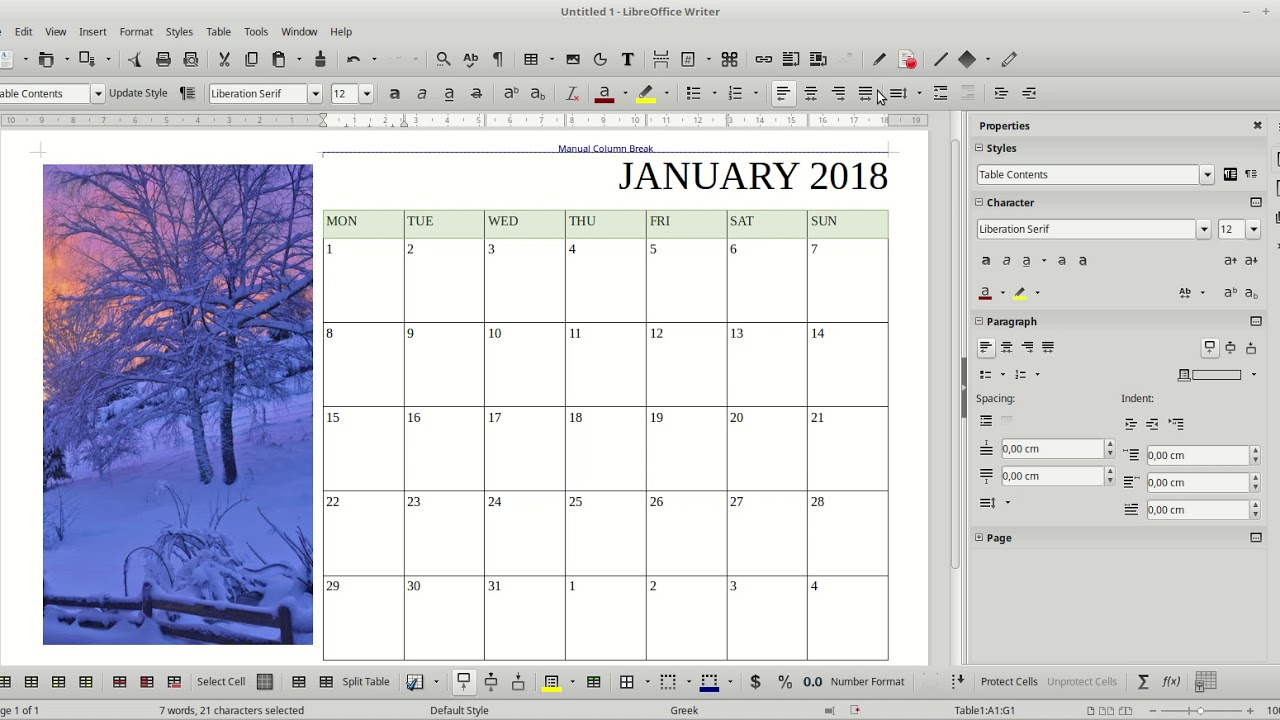 LibreOffice Writer - Calendar exercise