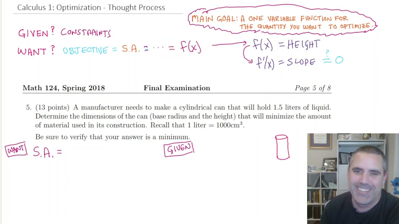 Calculus 1: Optimization - Thought Process (Seven old exam problems!)