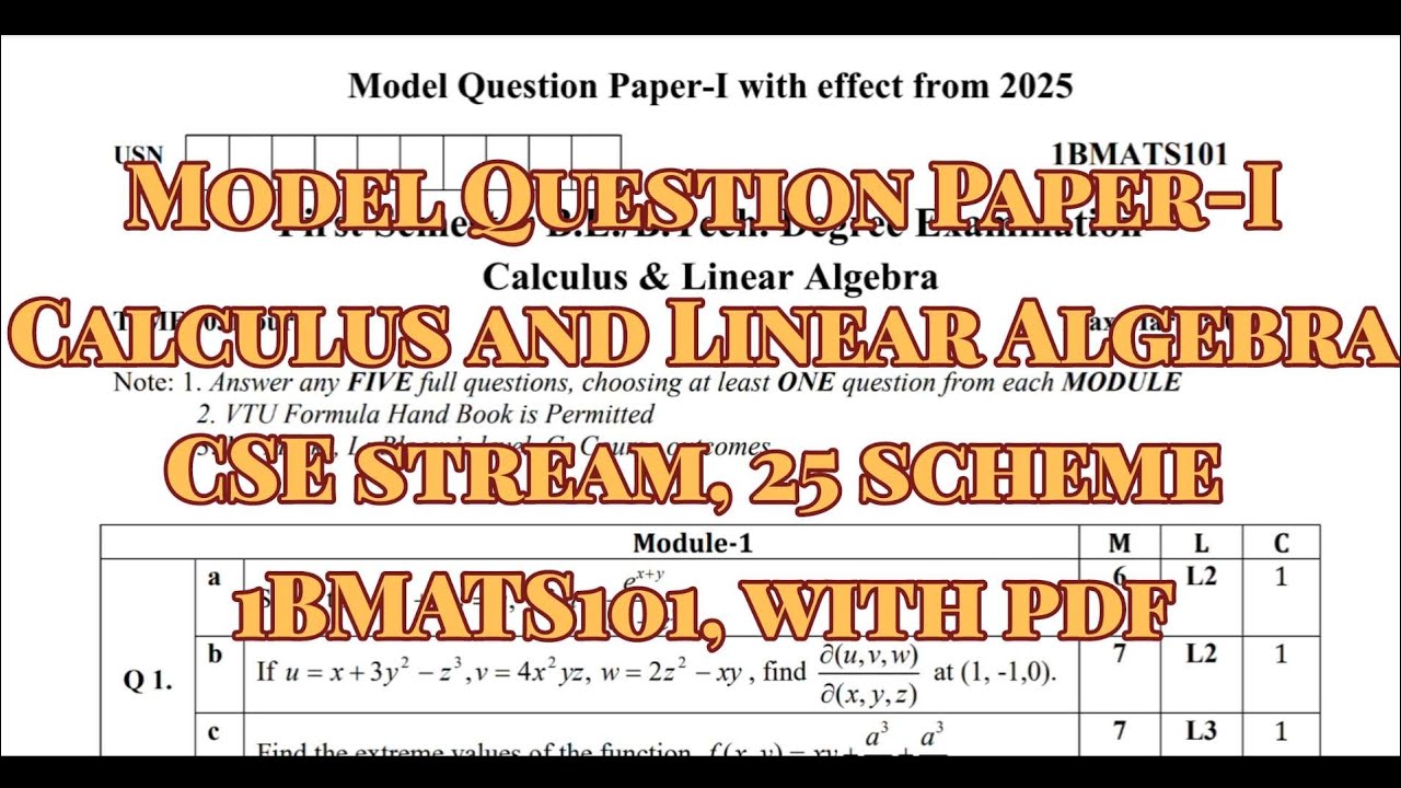 Calculus and Linear Algebra, Model Question Paper, 1BMATS101, 25 scheme, with pdf