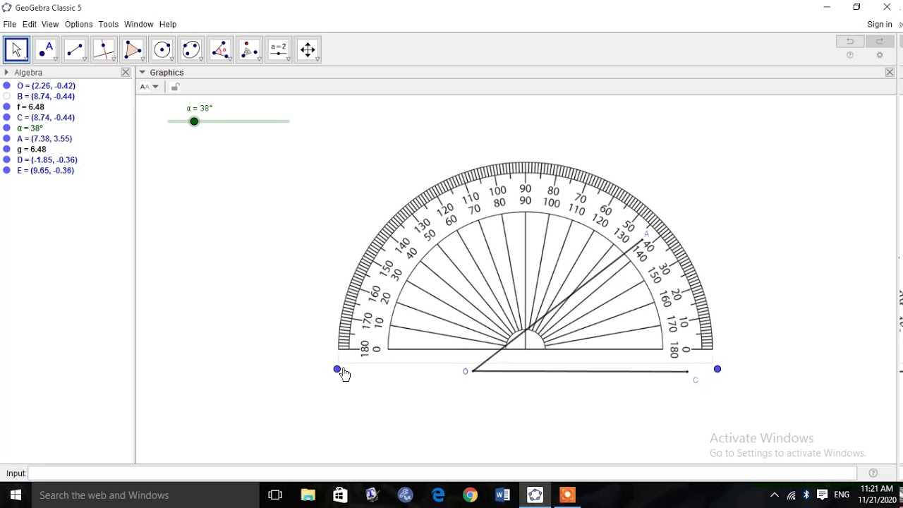Angle measuring protractor in geogebra