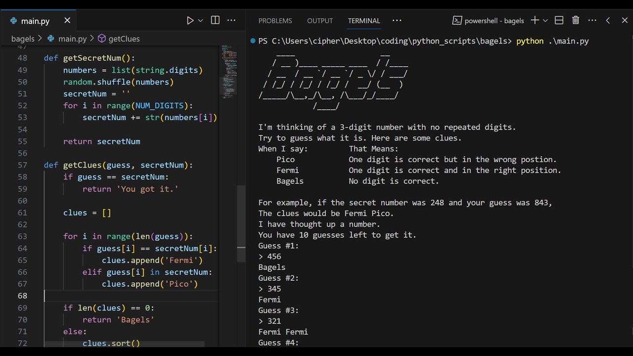 ASMR Programming - Bagels Logic Game in Python - No Talking