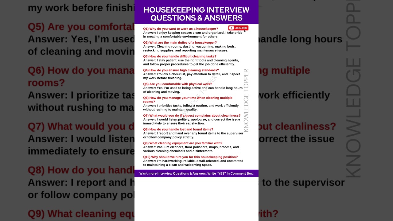 Housekeeping Interview Questions and Answers | Housekeeping Training Video