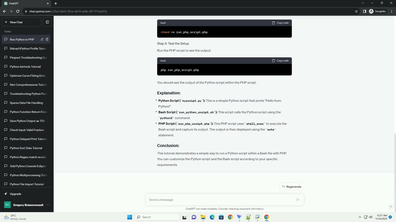 Running a python script within a bash file with php