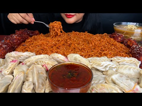 ASMR EATING SPICY NOODLES,CHICKEN MOMO,KOREAN FRIED CHICKEN,THUPKA *FOOD VIDEOS*