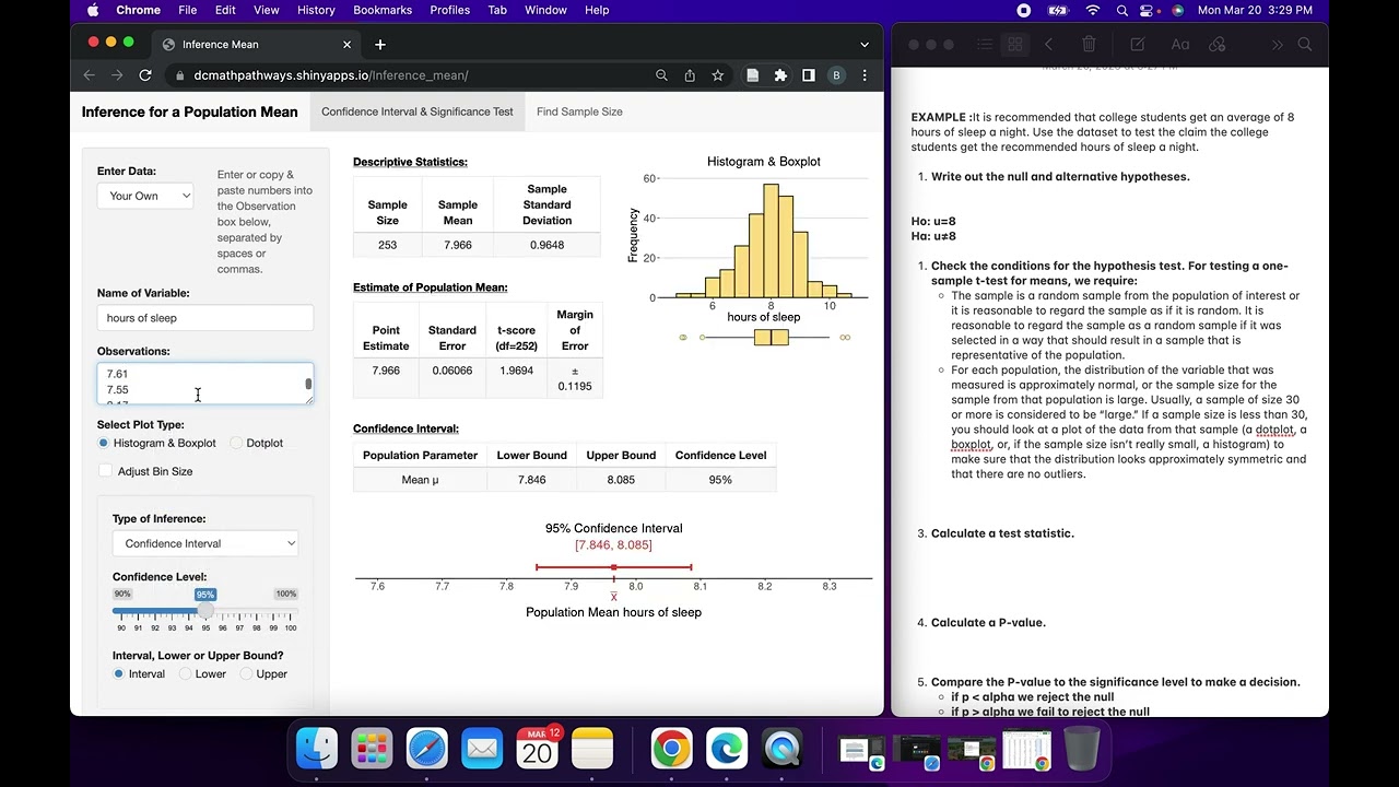 One-Sample T Hypothesis Test for Means Given a Dataset