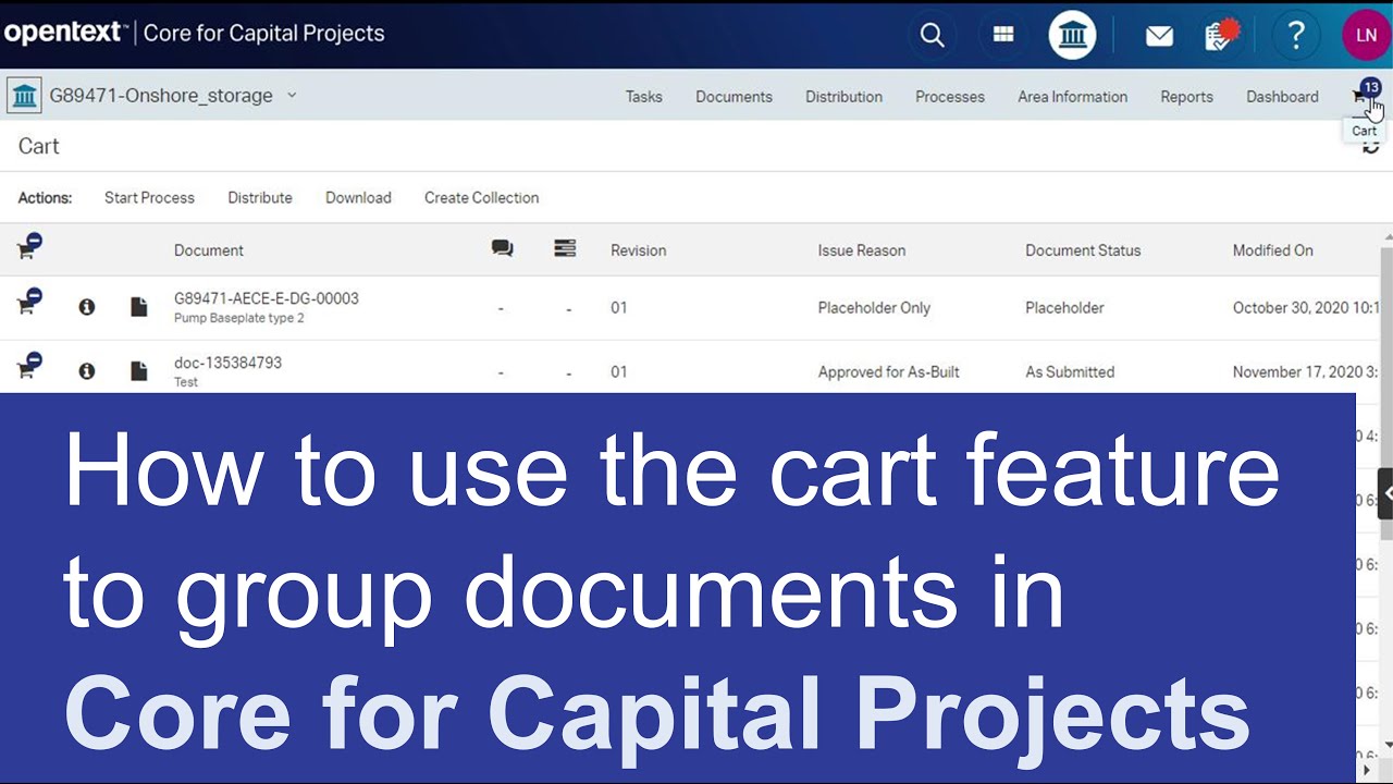 How to use the cart feature to group documents | OpenText Core for Capital Projects