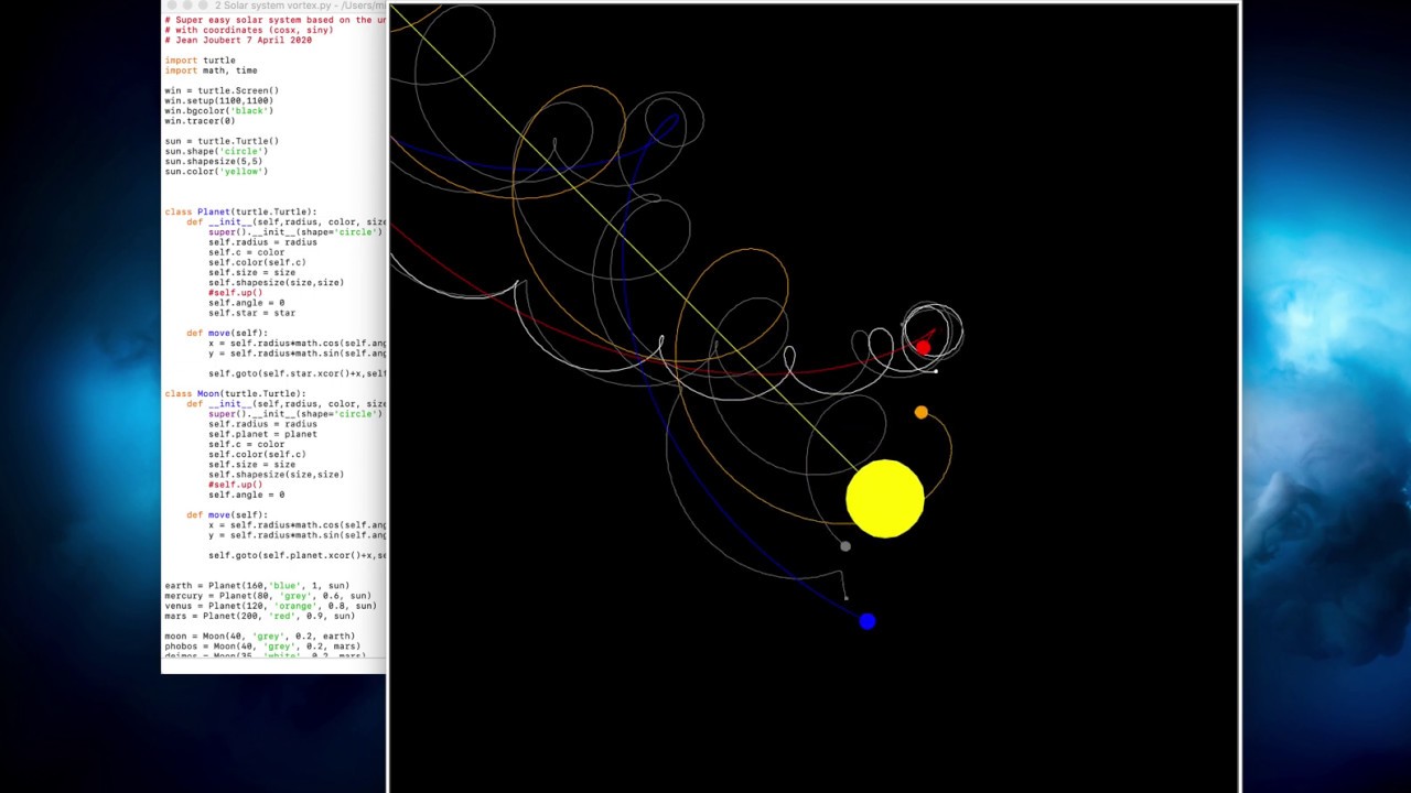 Super easy model of the solar system using Python 3 and Turtle