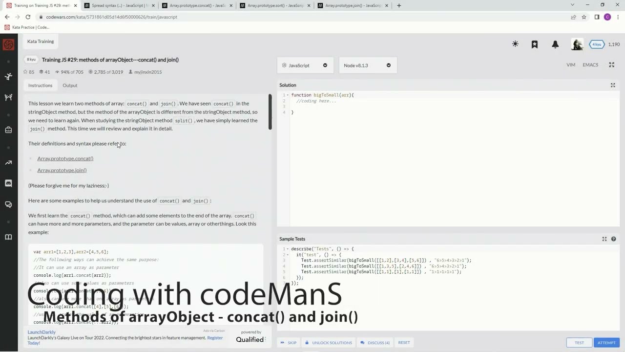 Codewars 8 kyu Simple Training JS #29 Methods of arrayObject --- concat() sort() JavaScript