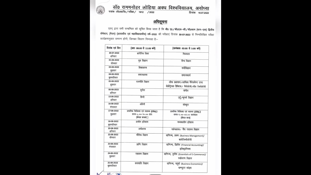 rmau ayodhya time table 2022 | ba. 2nd semester exam time table rmlau ayodhya