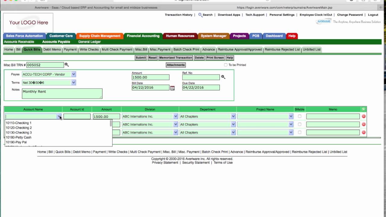 Averiware: Quick Bills