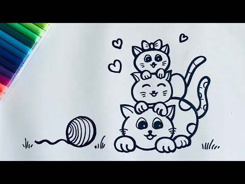 Easy drawing -How to draw cats stacked 🐱 for kids and toddlers-fun drawing and coloring-kitten draw