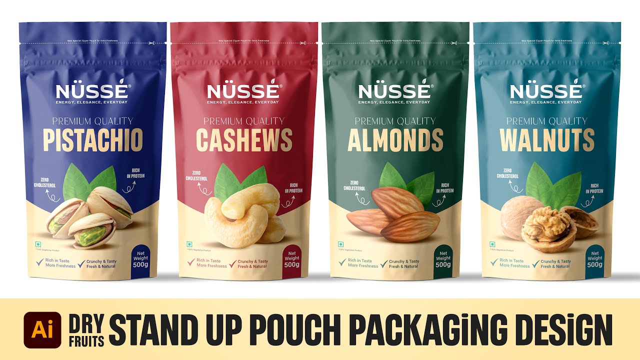 Pistachio, Cashew, Almond & Walnut Stand Up Pouch Packaging Design in Illustrator