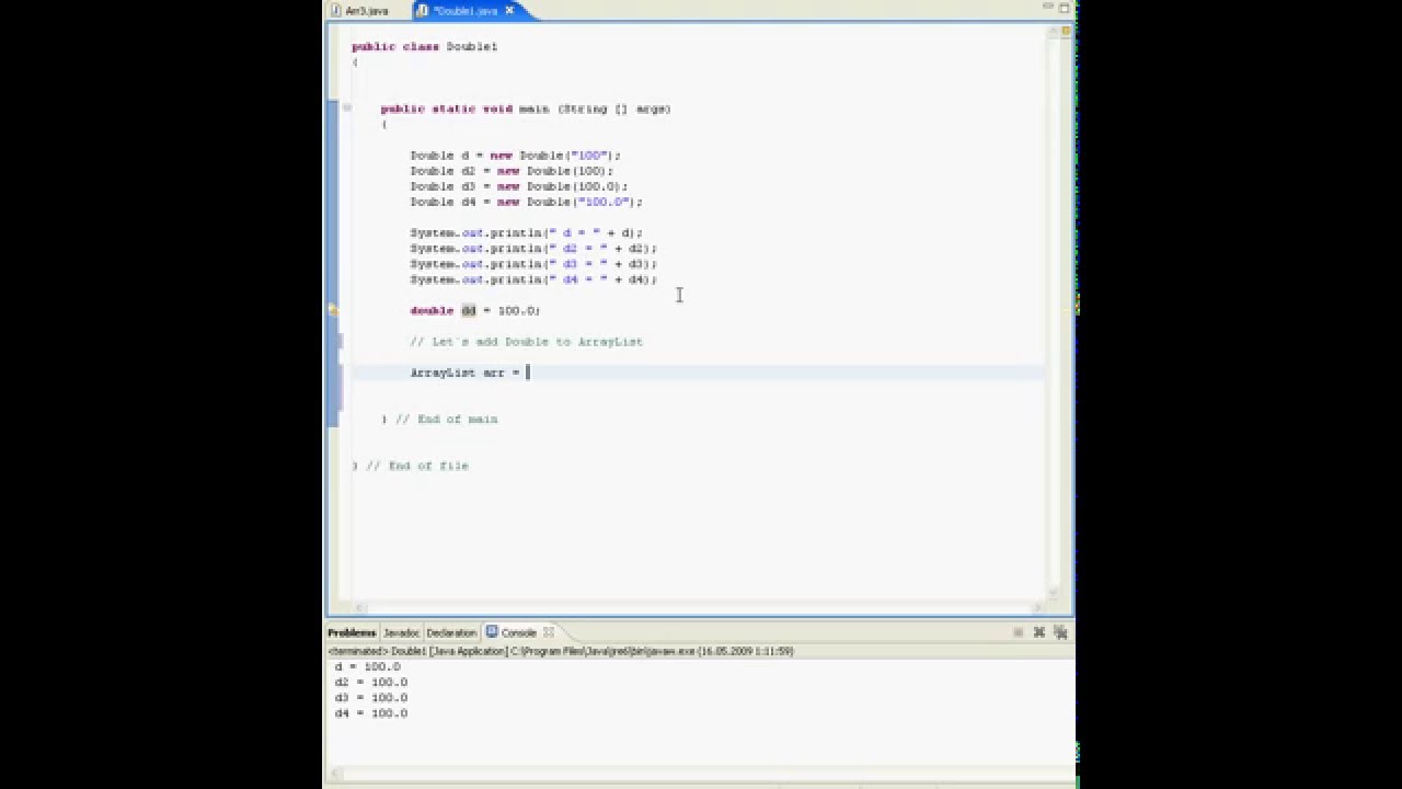 Java tutorial in Eclipse (wrapper class Double)