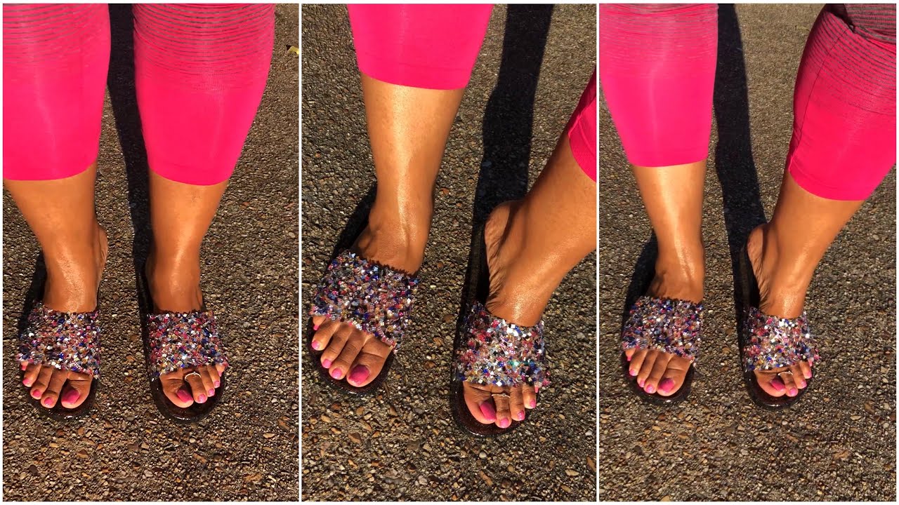 Pink Toes, Fresh oily feet, Pink multi colored Sandal slides, Sun Shining