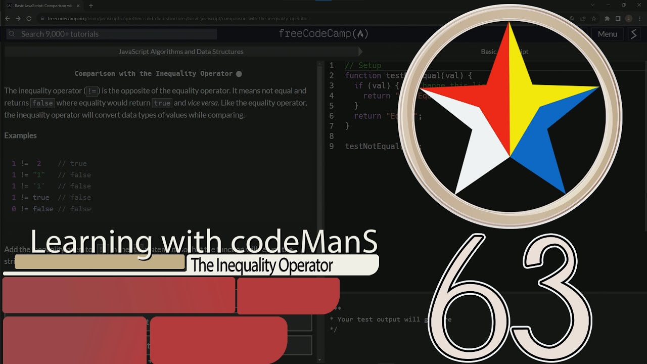 JavaScript Basic 63: Comparison with the Inequality Operator | FreeCodeCamp