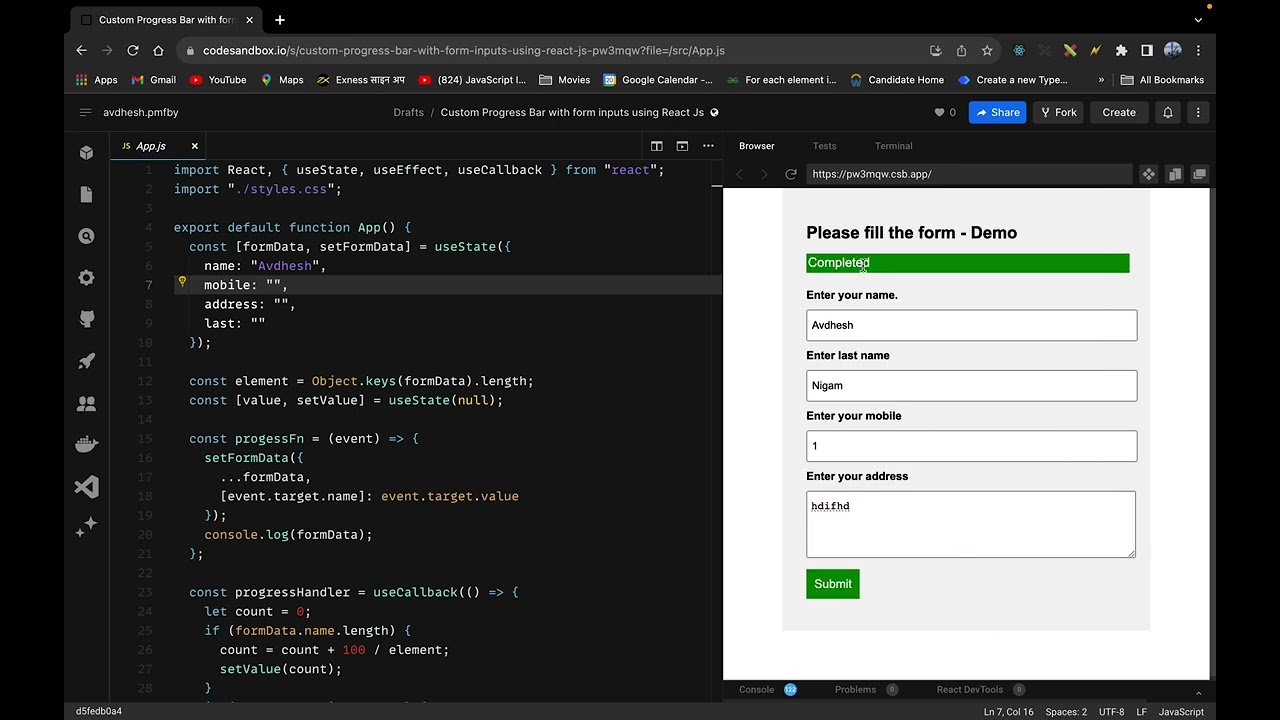 Custom Progress Bar using React js with Hooks | React Progress Bar